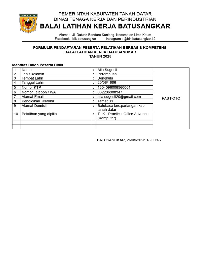 Formulir Pendaftaran Pelatihan Berbasis Kompetensi BLK Batusangkar Atas ...
