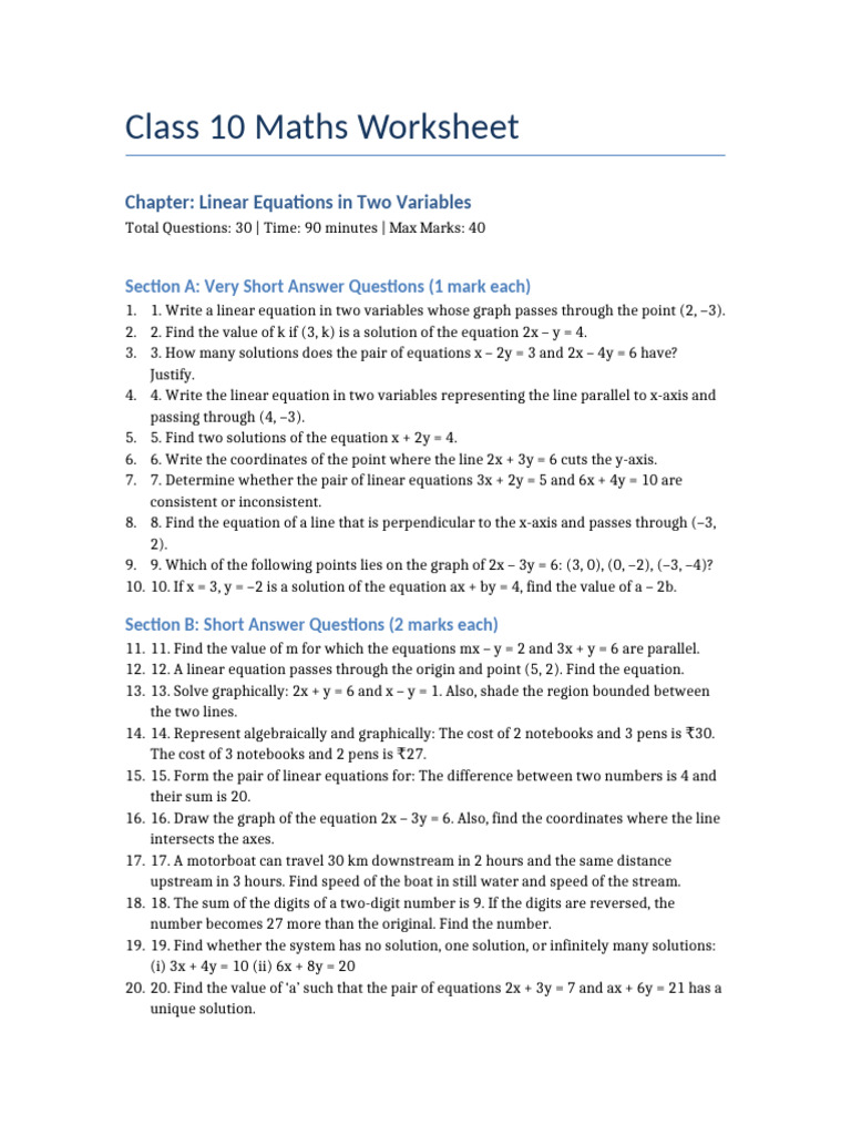 Class 10 Maths Worksheet Linear Equations | PDF | Equations | Speed