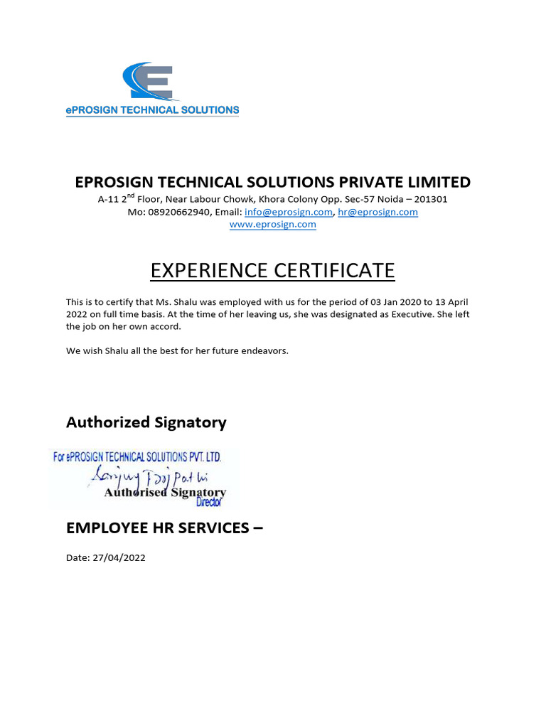 Experience Certificate for Ms. Shalu | PDF