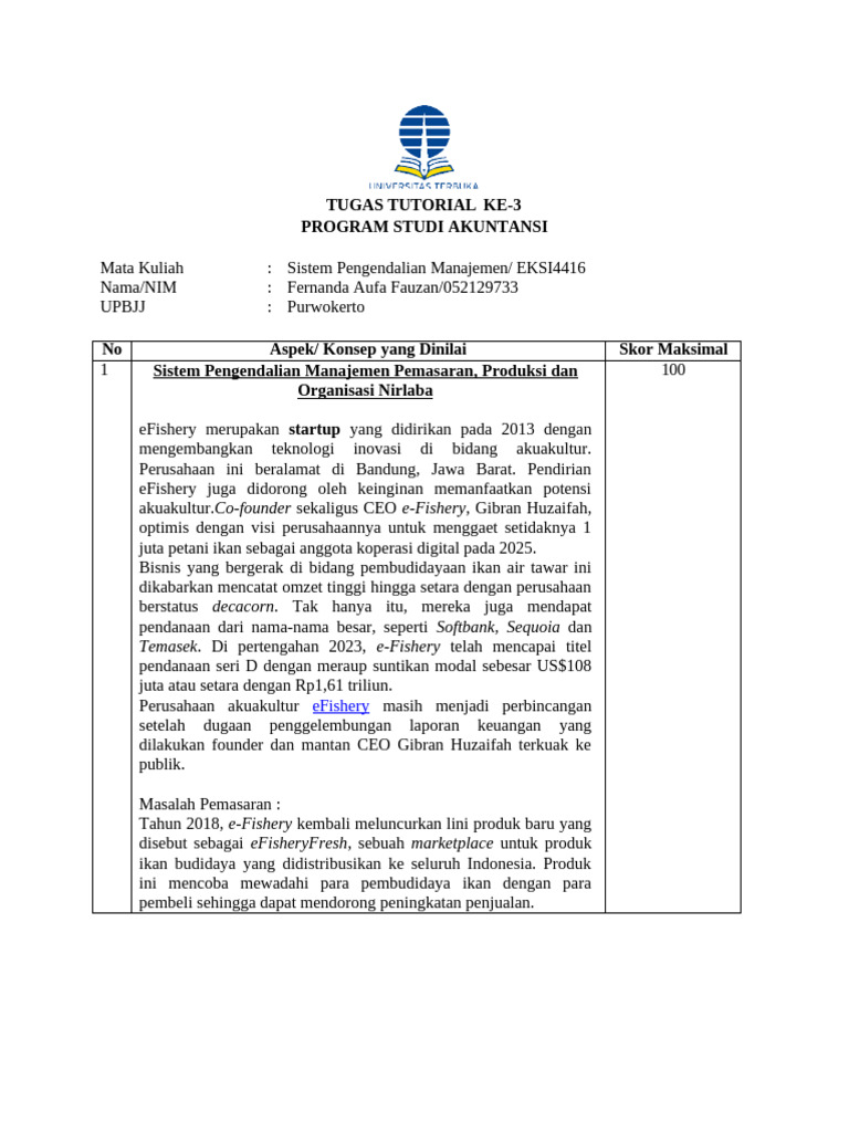 TUGAS TUTORIAL 3 EKSI4416 Sistem Pengendalian Manajemen - Fernanda Aufa F 052129733 | PDF