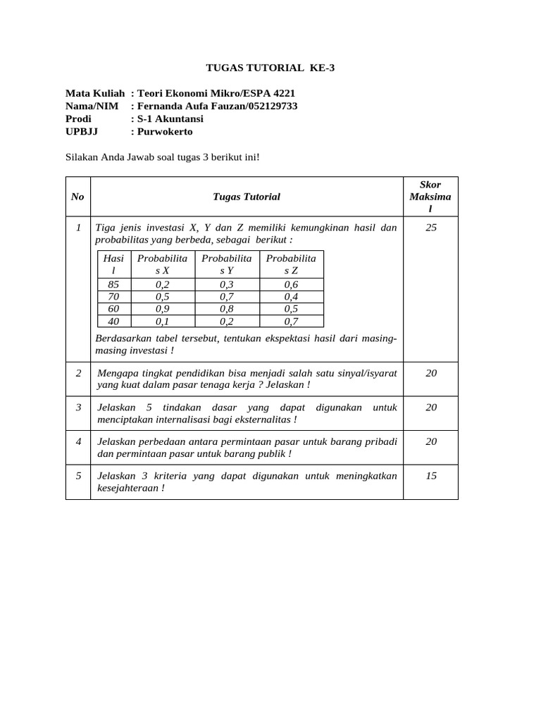 Tugas Tutorial 3 Teori Ekonomi Makro ESPA 4221 Fernanda Aufa F 052119733 | PDF