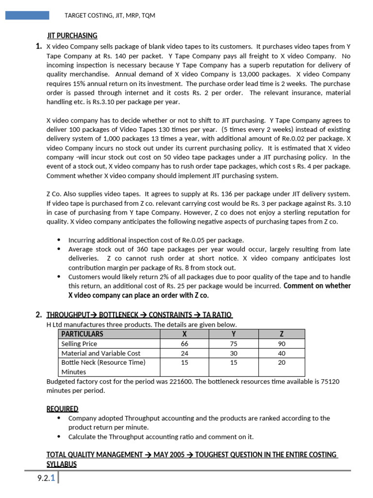 9.2 Target, Jit, TQM Throughput | PDF | Lean Manufacturing | Prices