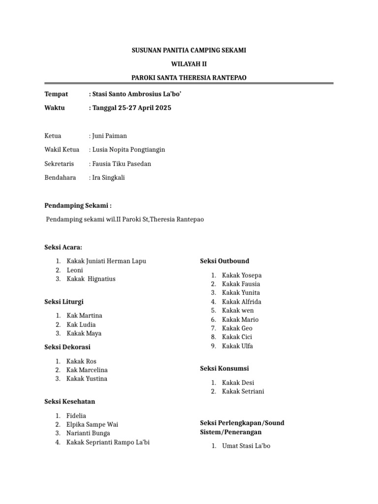 Susunan Panitia Camping SEKAMI 2025 | PDF