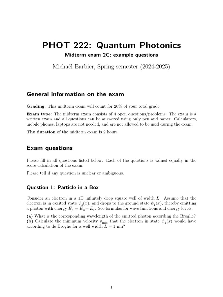 Phot222 Midterm 2B Example Questions-1 | PDF | Electronvolt | Quantum ...