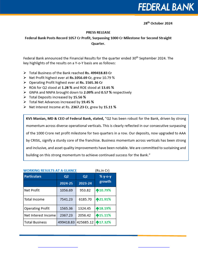 Federal Bank Q2 FY25 Profit Surge | PDF | Capital Requirement | Banks
