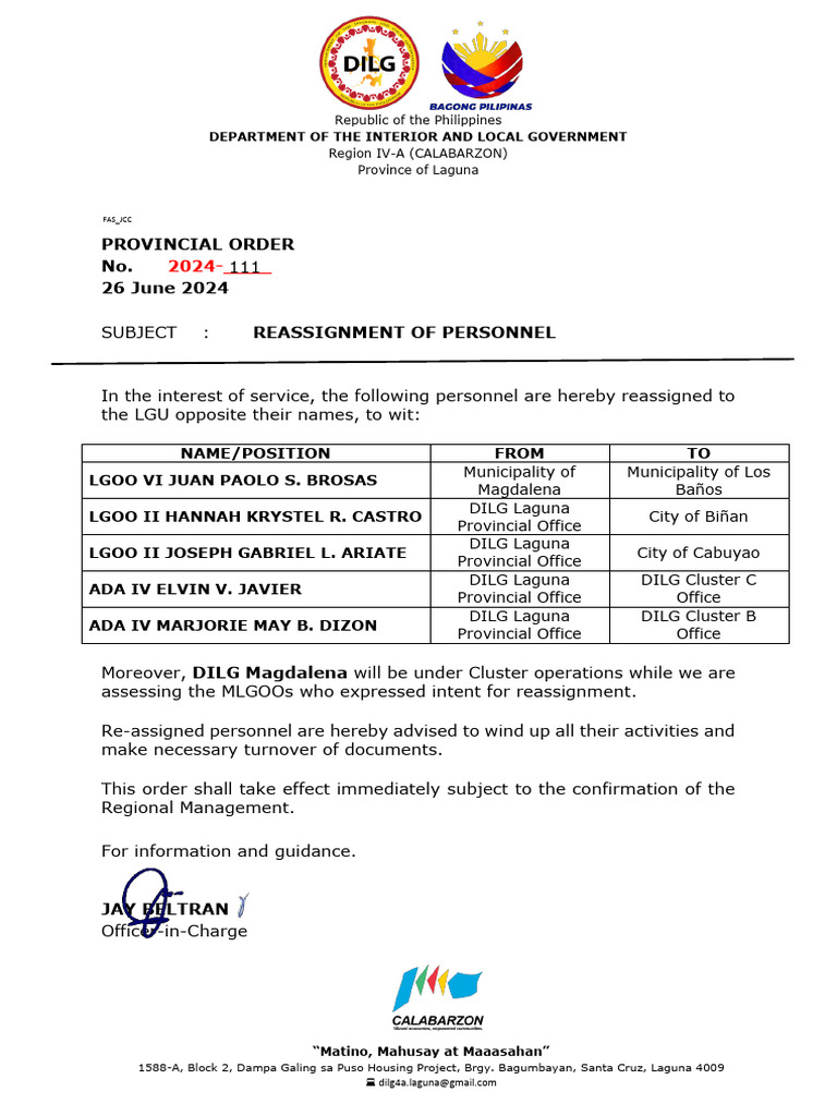 FAS - Provincial Order No. 2024 111 Reassignment of Personnel | PDF ...