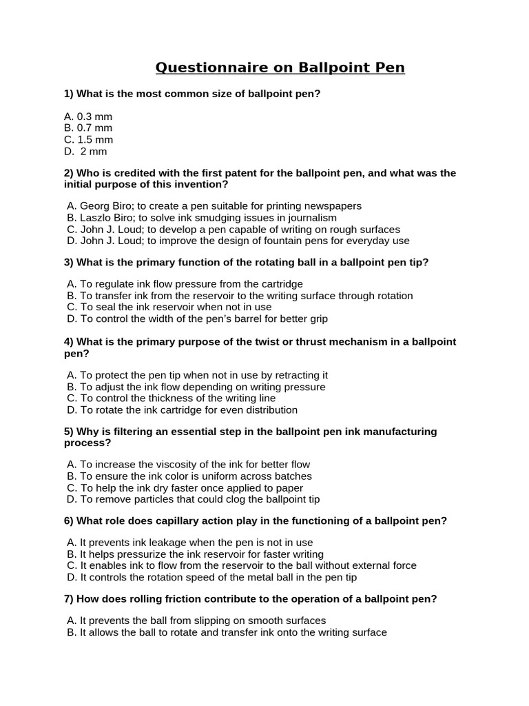 Questionnaire On Ballpoint Pen | PDF | Pen | Liquids