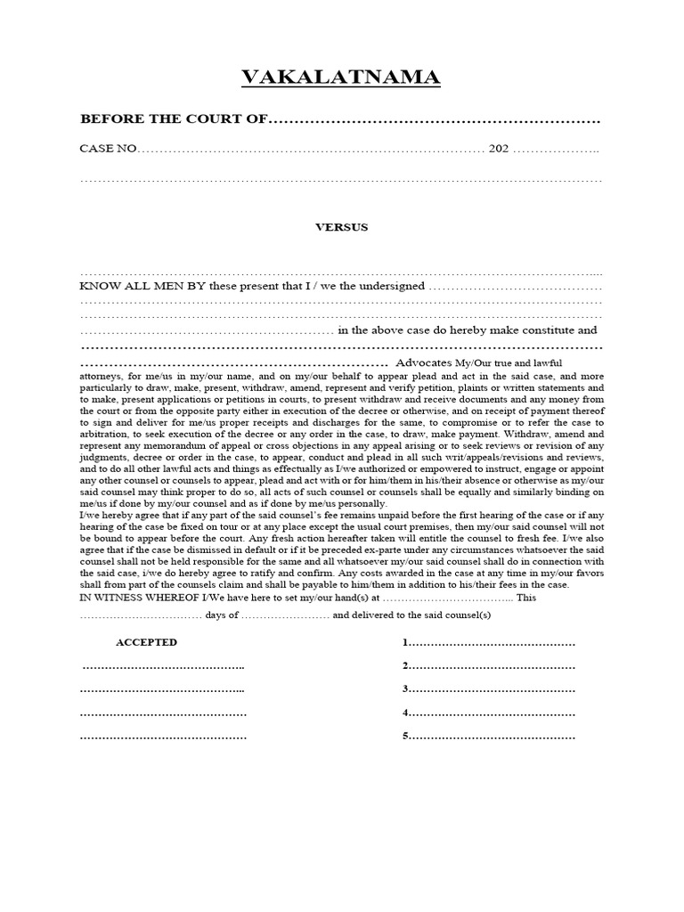 Vakalat Nama English Format | PDF | Judgment (Law) | Legal Procedure