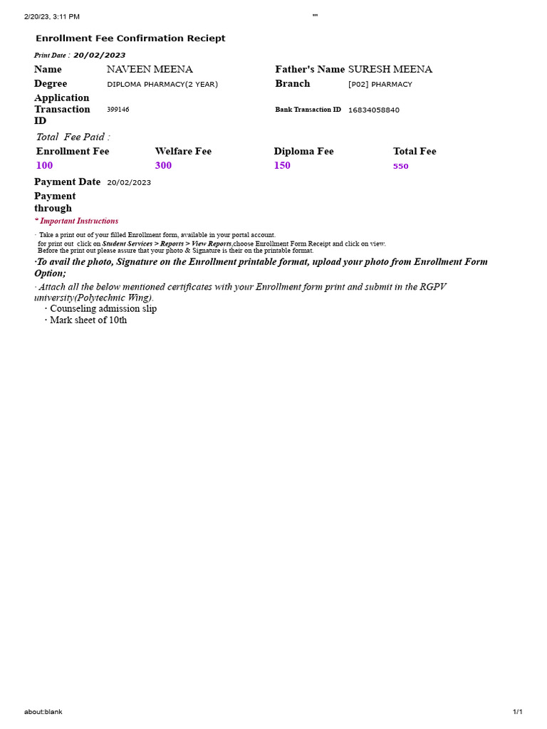 Enrollment Fee Confirmation Receipt | PDF