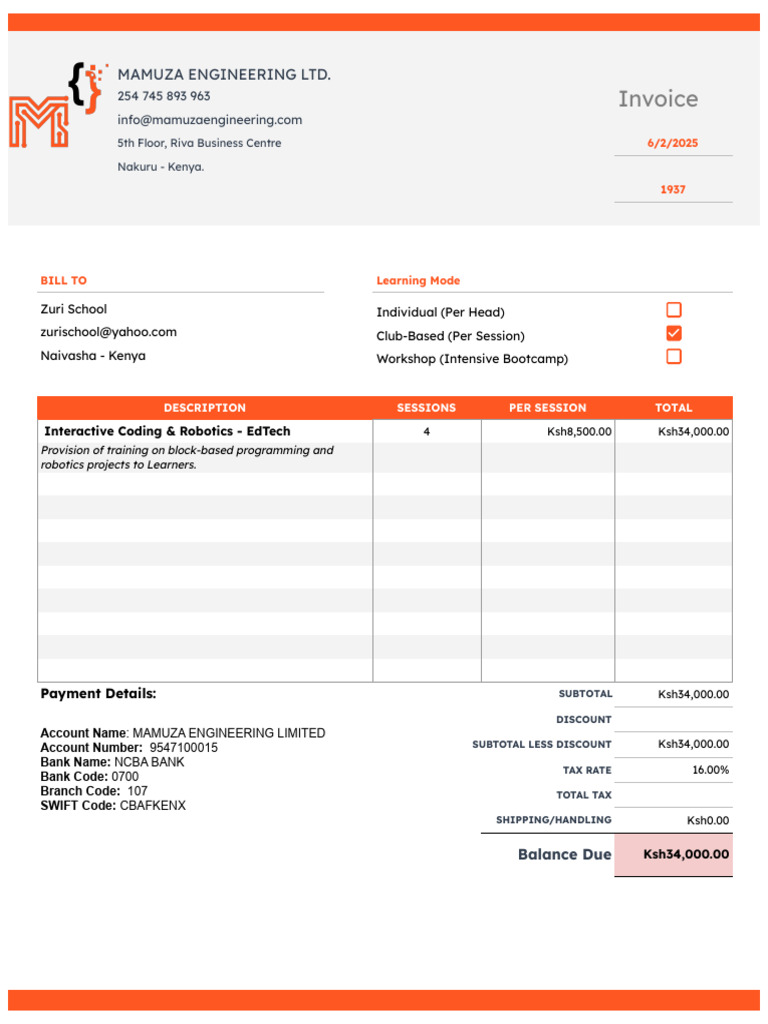 Coding & Robotics June - Zuri Schools - Mamuza EdTech Invoice | PDF