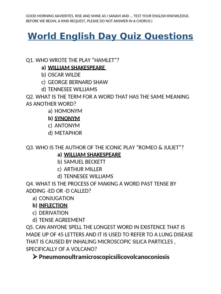 World English Day Quiz Questions | PDF