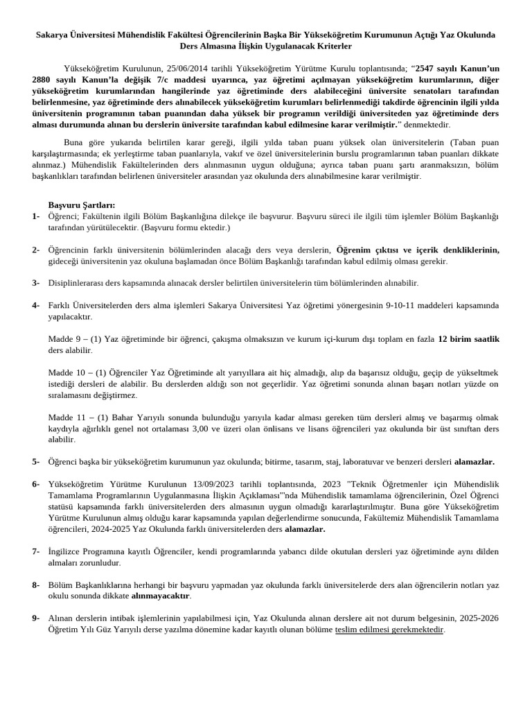 2025 Yaz Okulu Farkli Universiteden Ders Alma Kriterleri 1 | PDF