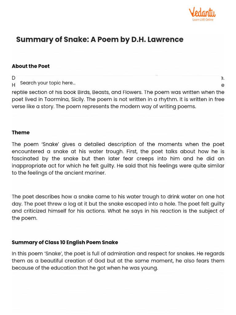 Summary of Snake - A Poem by D.H. Lawrence | PDF