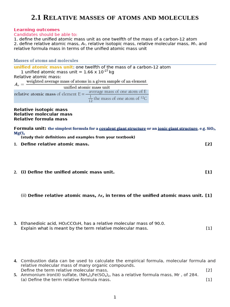 2.1 Relative Masses of Atoms and Molecules | PDF | Molecules | Isotope