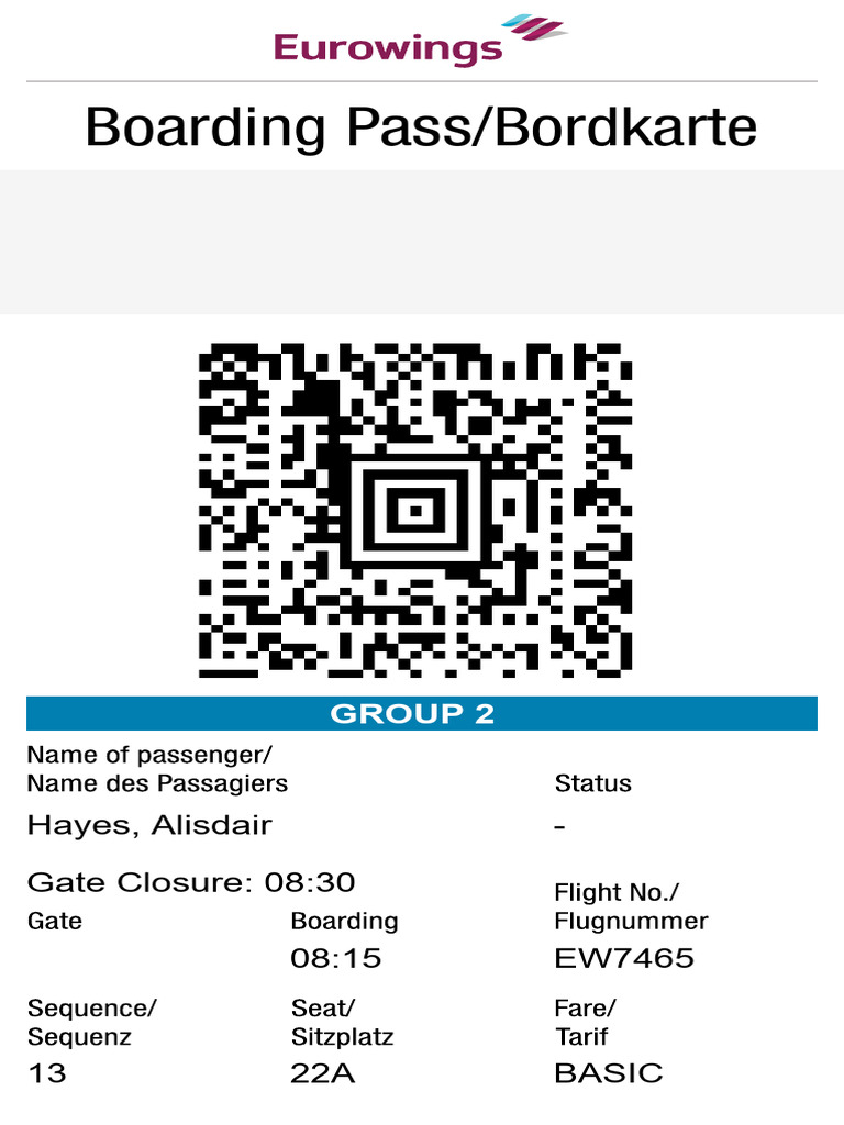 Eurowings Boardingpass LHD2QD Hayes Alisdair LHRHAM | PDF