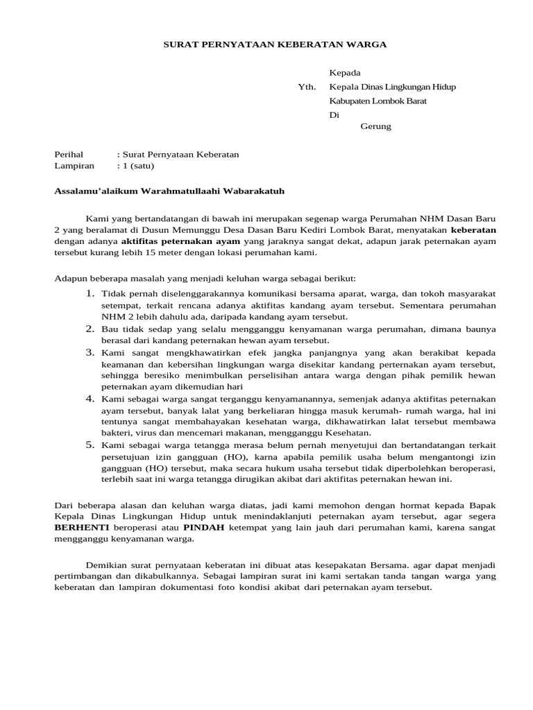 Surat Keberatan Warga NHM 2 Ke Dinas LH | PDF