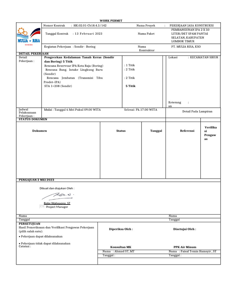 Work Permit Pek. Sondir Boring Ipa Pansel | PDF