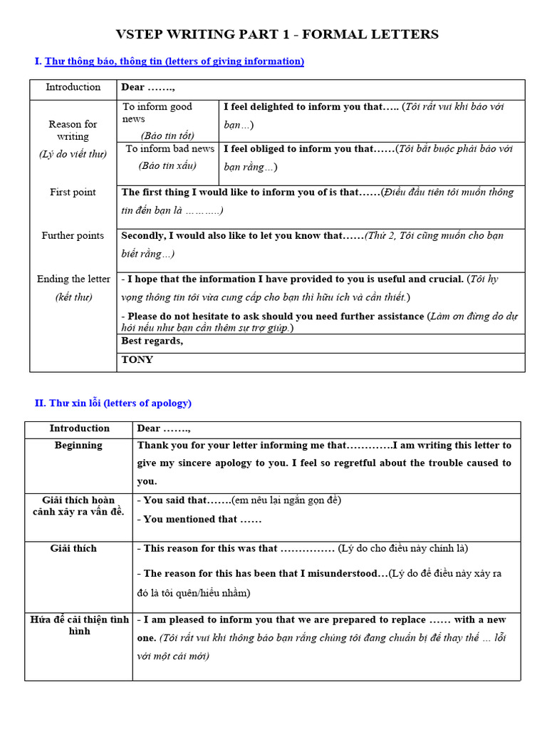 VSTEP Writing Task 1: Formal Letters | PDF