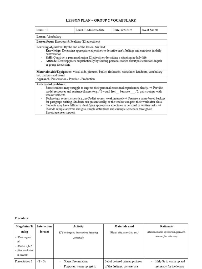Lesson Plan Group 2 Vocab | PDF | Lesson Plan | Vocabulary