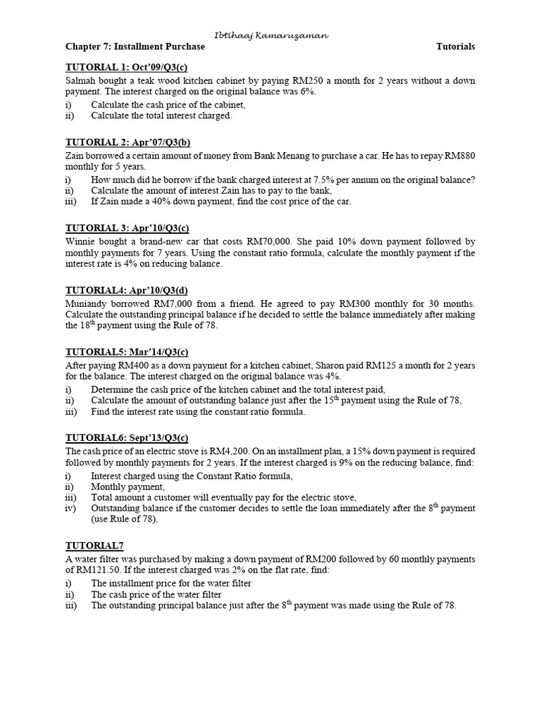 Chapter 7 Installment Purchase (Tutorial Que) | PDF | Interest | Annual ...