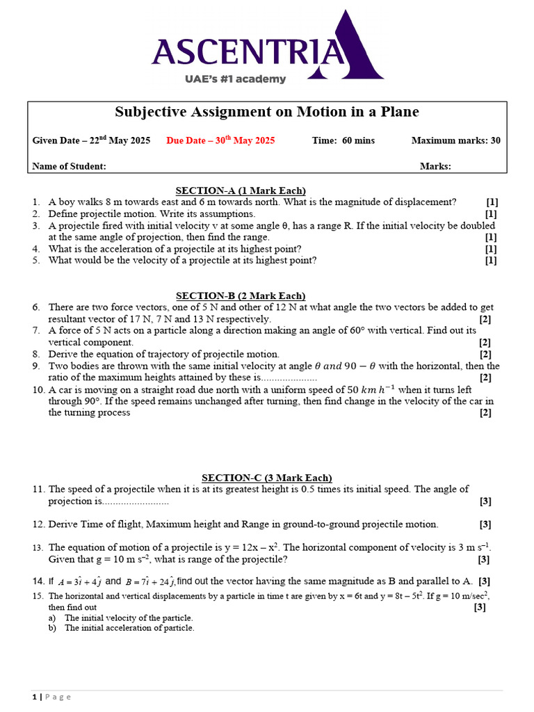 Subjective Assignment On Motion in A Plane | PDF | Projectiles | Physical Phenomena
