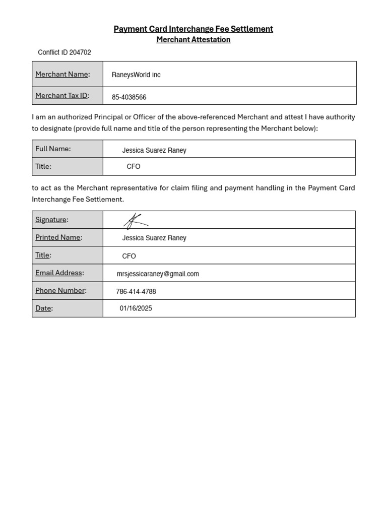 Payment Card Interchange Fee Settlement Merchant Attestation Form | PDF