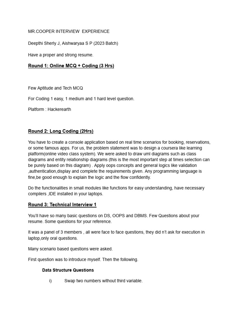 MR - Cooper Interview Experience - WriteUp | PDF | Computer Programming | Computer Engineering