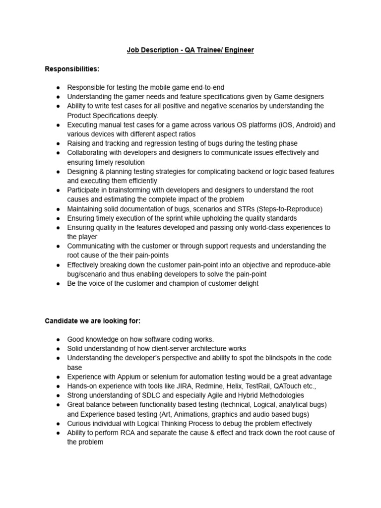 Job Description - QA Engineer | PDF | Software Development | Software ...