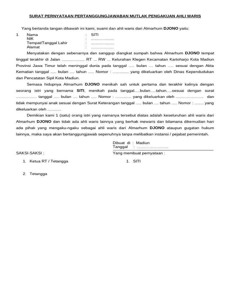 SPTJM Tidak Punya Anak Template | PDF