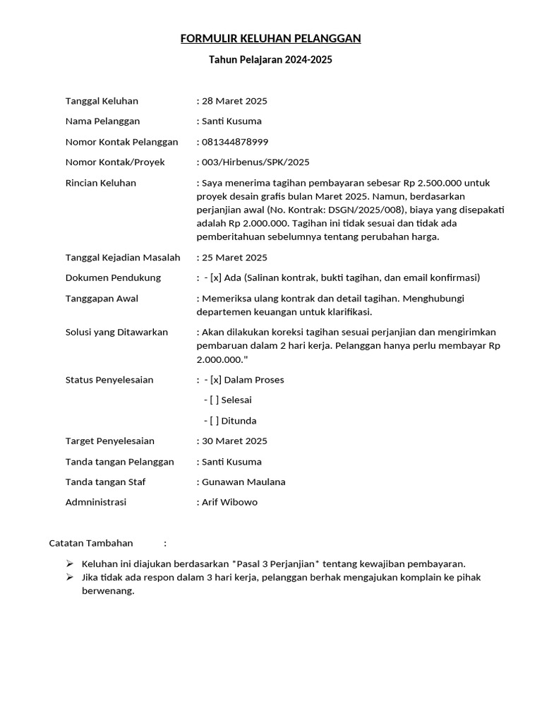 Formulir Keluhan Pelanggan | PDF