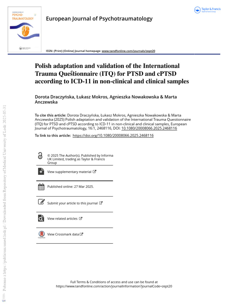 Polish Validation of ITQ for PTSD/cPTSD | PDF | Complex Post Traumatic ...