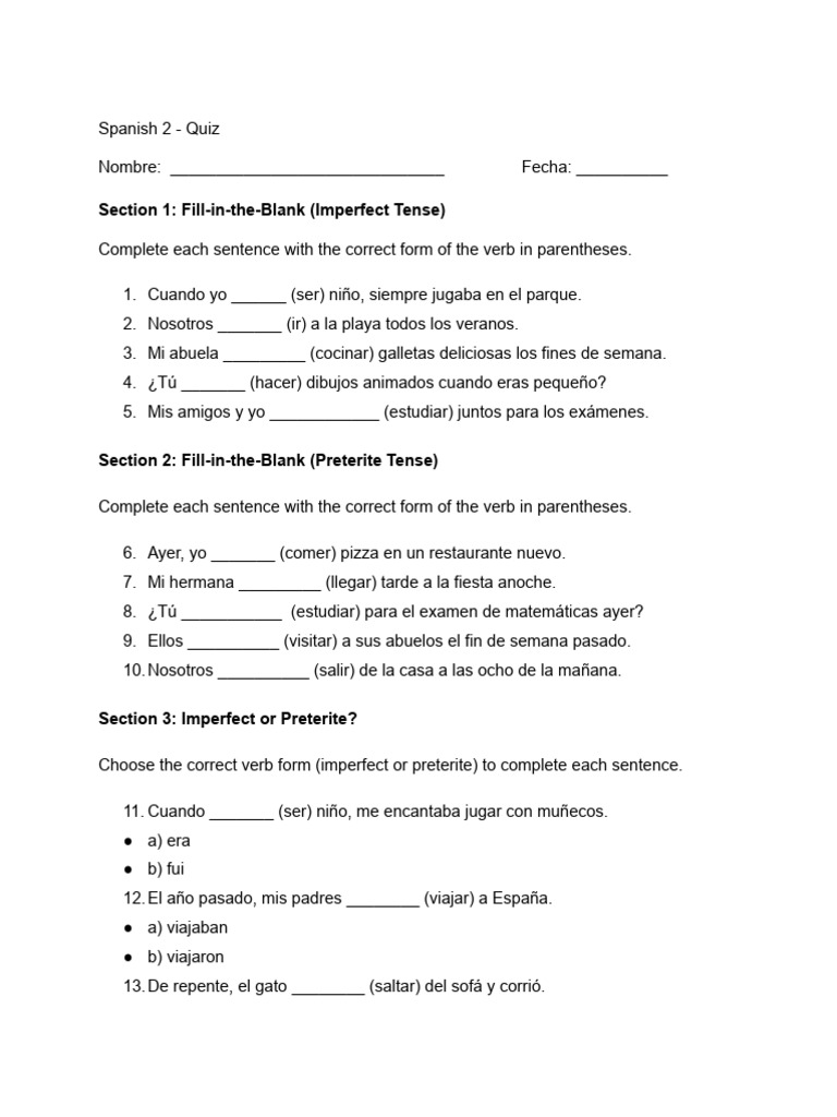 Quiz de Verbos en Español: Imperfecto y Pretérito | PDF