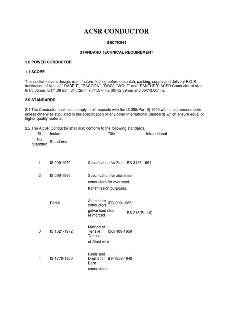 ACSR Conductor Specification | PDF | Wire | Electrical Resistivity And ...