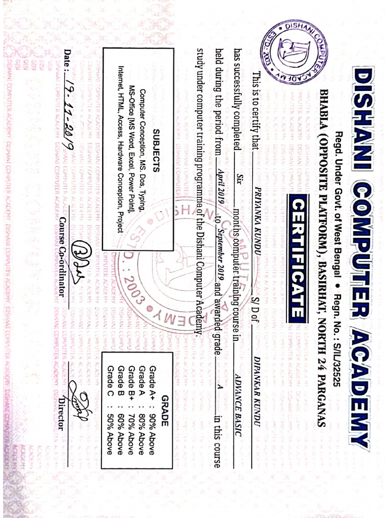 Priyanka Computer Course Certificate | PDF