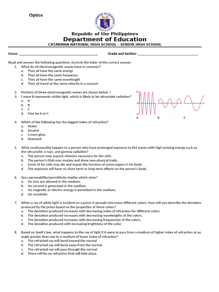Electromagnetic Waves and Optics Quiz | PDF | Refraction ...