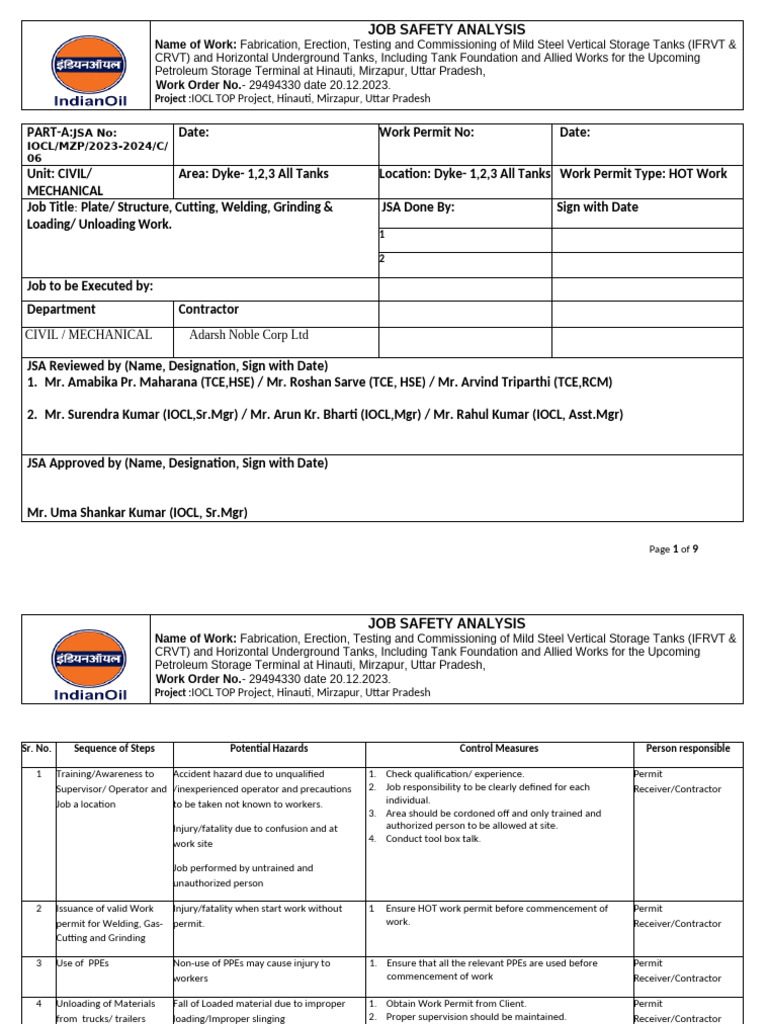 JSA 06 Welding, Gas Cutting, Grinding & Lifting and Shifting | PDF ...