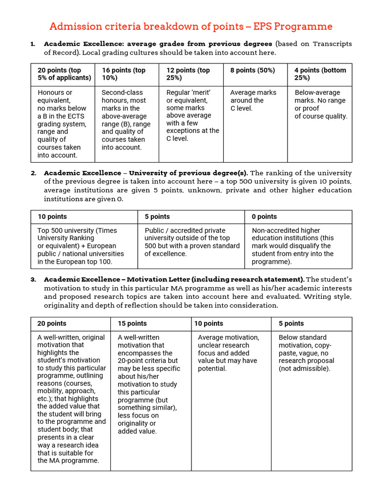 Admission Criteria Breakdown of Points - EPS Programme | PDF | Academic ...
