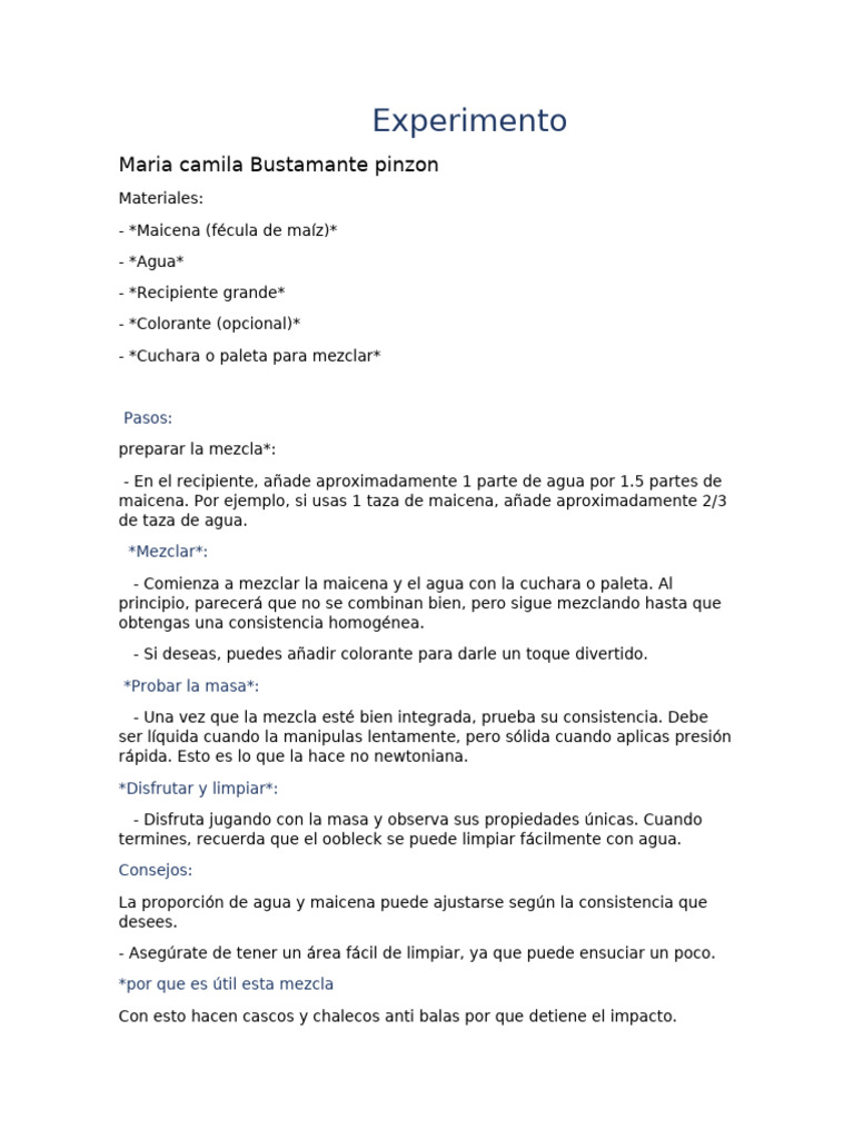 Experimento de Oobleck con Maicena y Agua | PDF