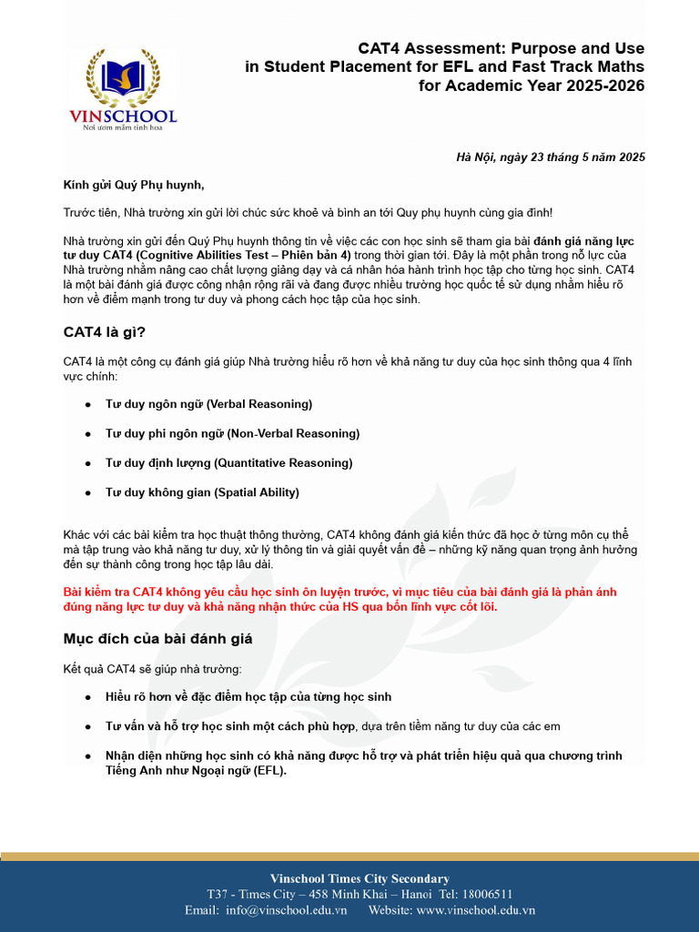 CAT4 Assessment - Purpose and Use in Student Placement For 2025-2026 | PDF