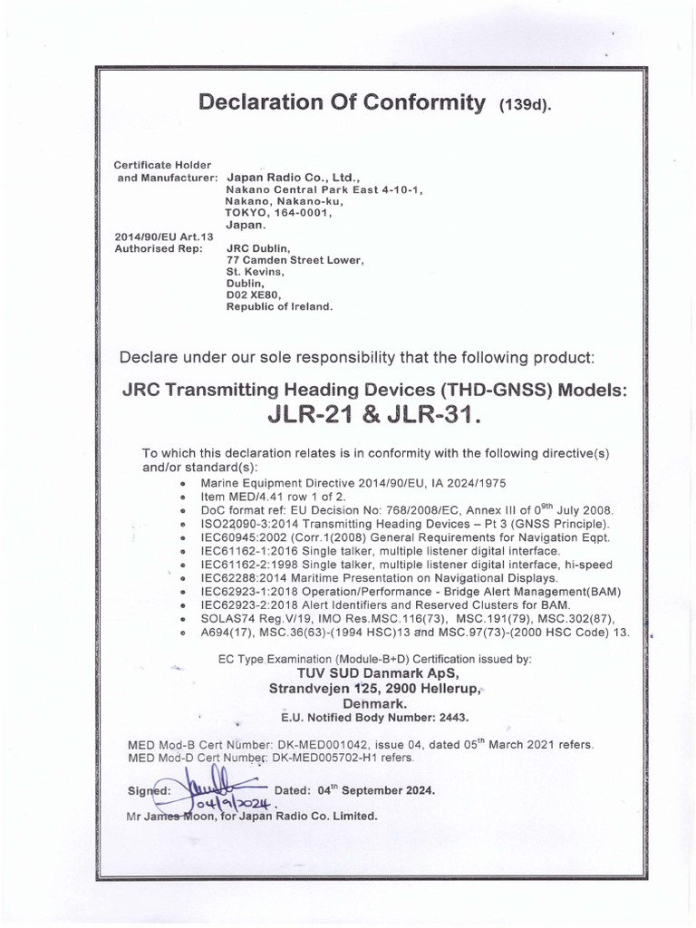 162-Compsat JRC Jlr-21-31 Med-Doc Certificate THD 4-9-2024 | PDF ...