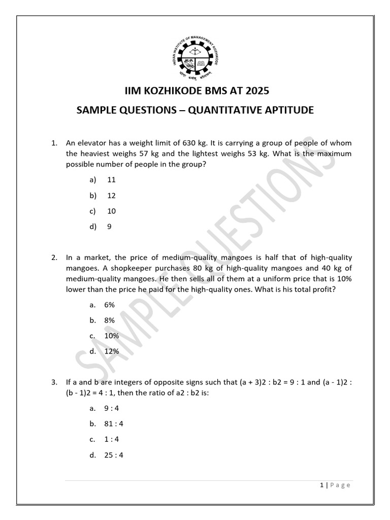 Iimk Bms at 2025 Sample Questions - Quantitative Aptitude | PDF | Ratio
