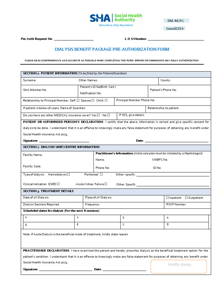 Dialysis Pre-Auth Form October 24 (SHA) | PDF | Patient | Medicine