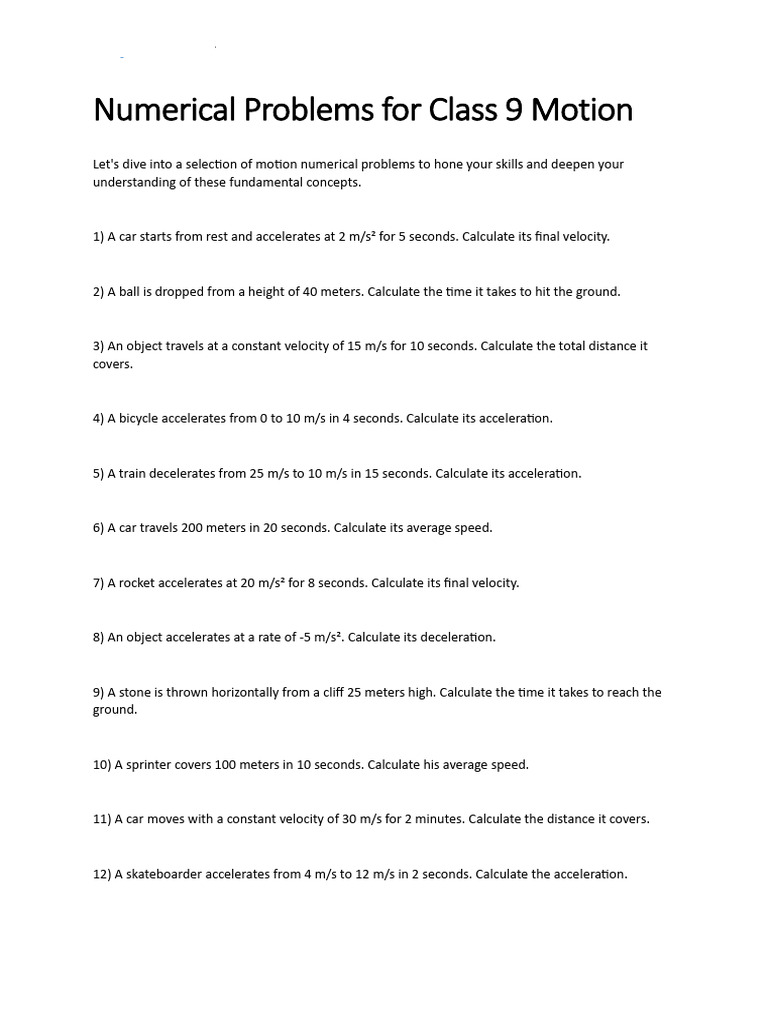Physics Numericals Motion Class 9 | PDF | Acceleration | Speed