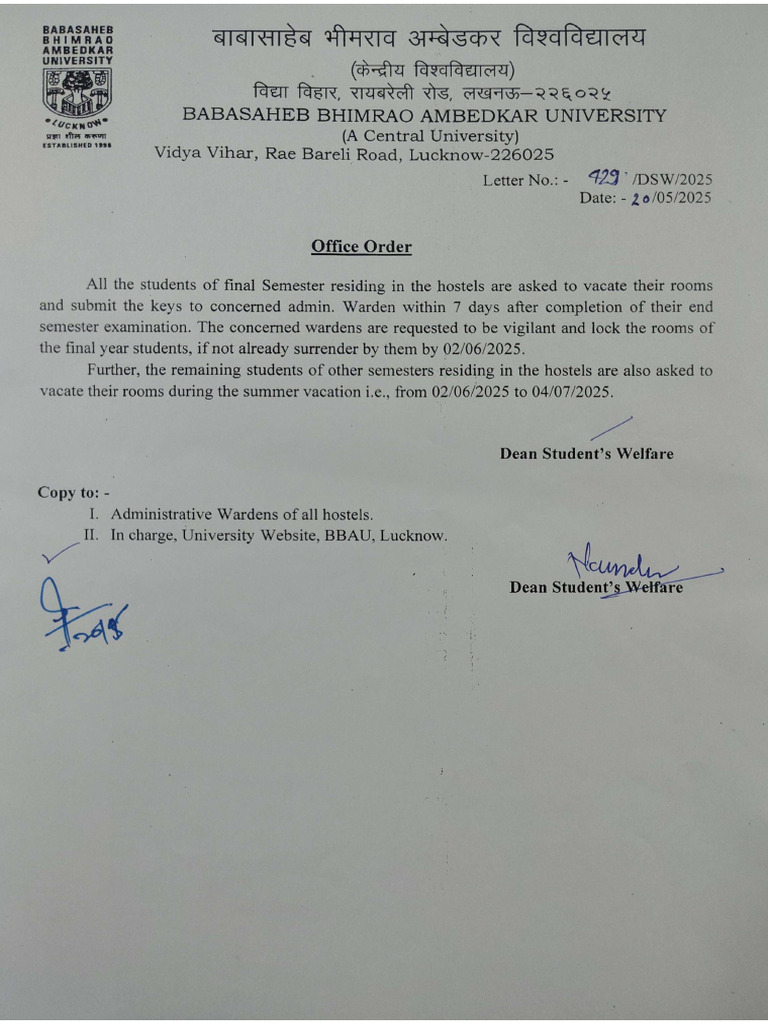 Office Order For Vacating The Hostel Room | PDF