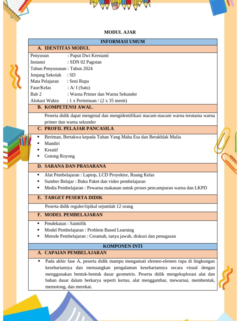 Modul Ajar Seni Rupa Kls 1.2 | PDF