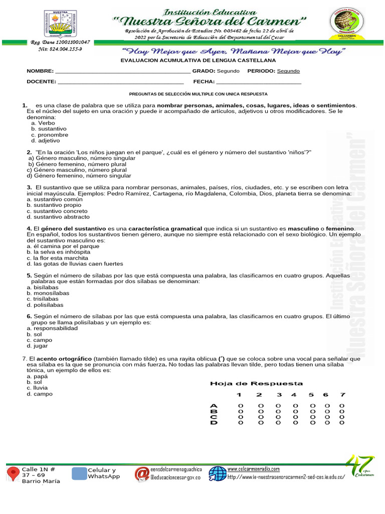 Eval Final Español 2p 2025 | PDF | Género gramatical | Sustantivo