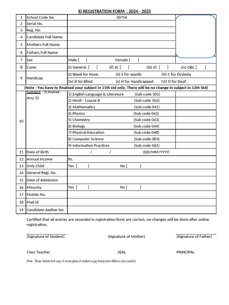 Class XI Registration Form 2024-25 | PDF