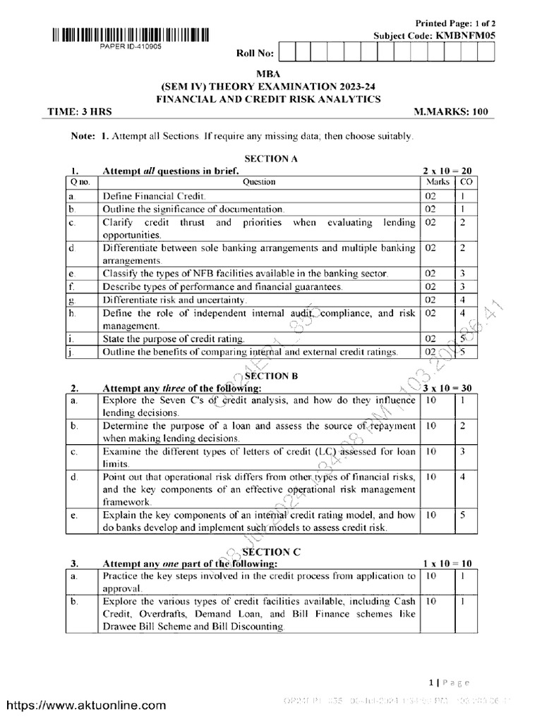 Mba 4 Sem Financial and Credit Risk Analytics Kmbnfm05 Jul 2024 | PDF