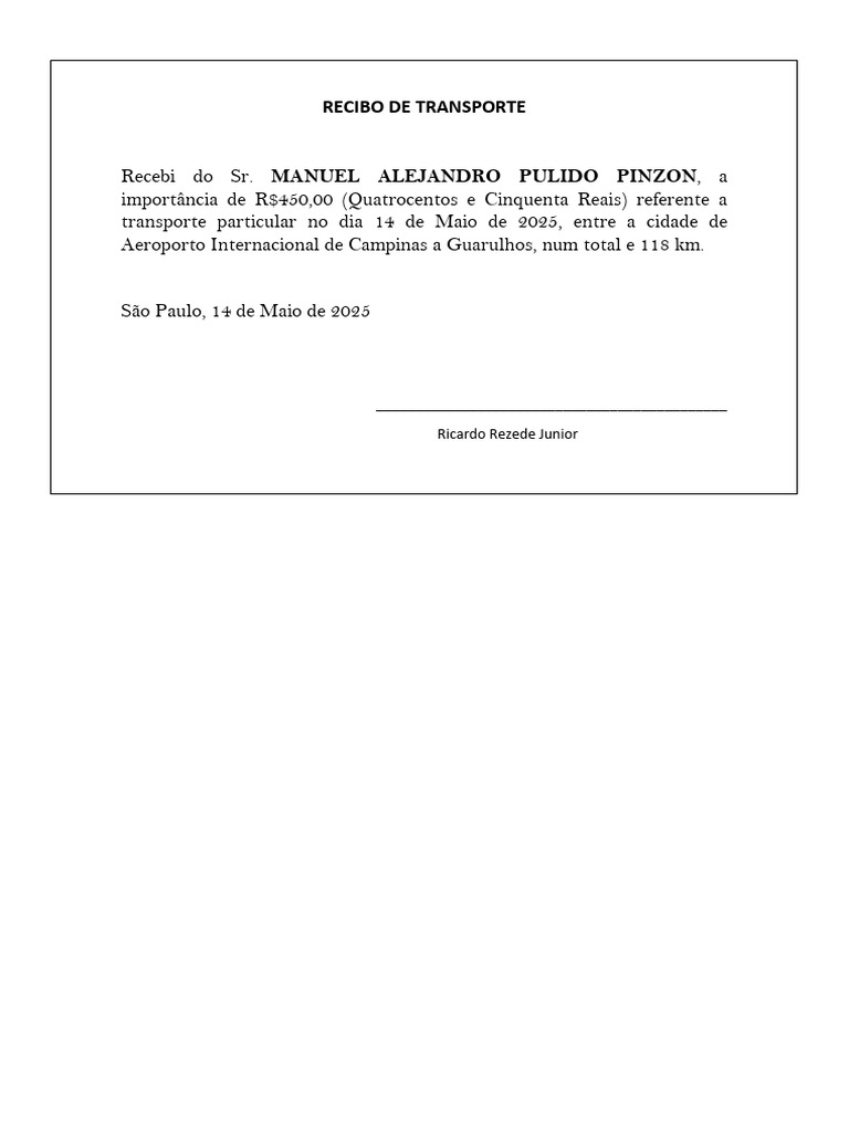 Recibo de Transporte Particular SP | PDF
