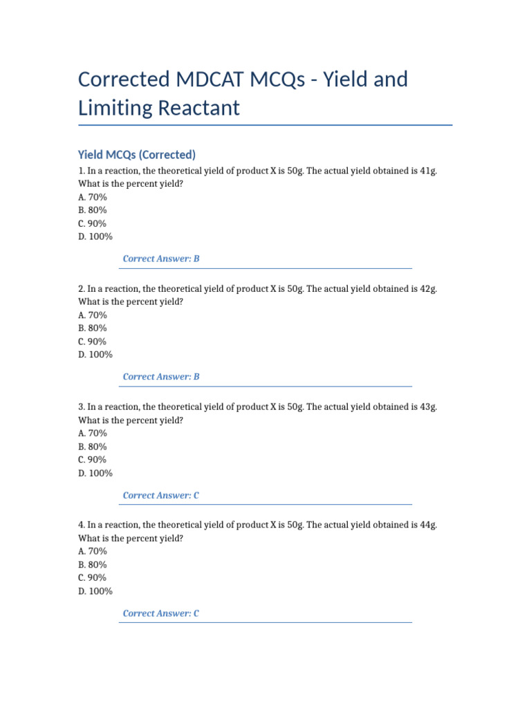 Corrected MDCAT Yield and Limiting Reactant MCQs | PDF | Chess Theory | Chess Openings